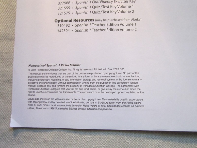 Abeka Grade 9th 10th 11th 12th Spanish 1 Lesson Plan Guide - ELEVEN